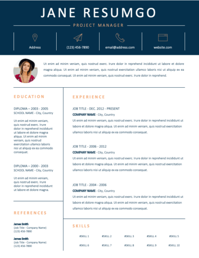 ROSEMONT – Stylish Resume Template With a Dark Blue Header