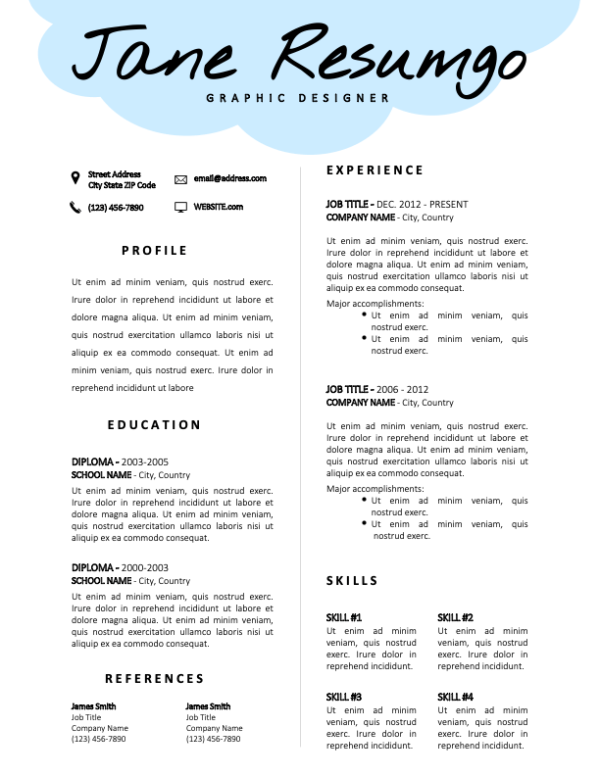 SIDNEY – Cloud Header Resume Template | ResumGO