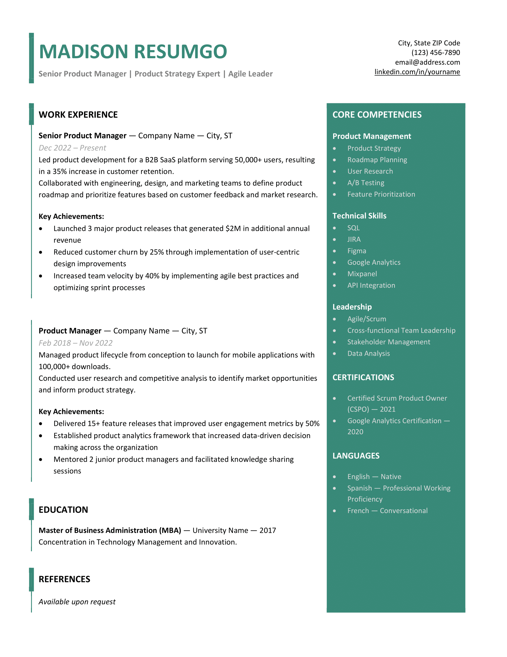 Forth Modern Sidebar Resume Template (Word & Google Docs)